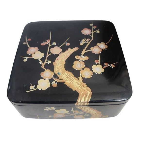 Accents | Vintageasian Black Lacquer Look Plastic Lidded Box Cherry ...